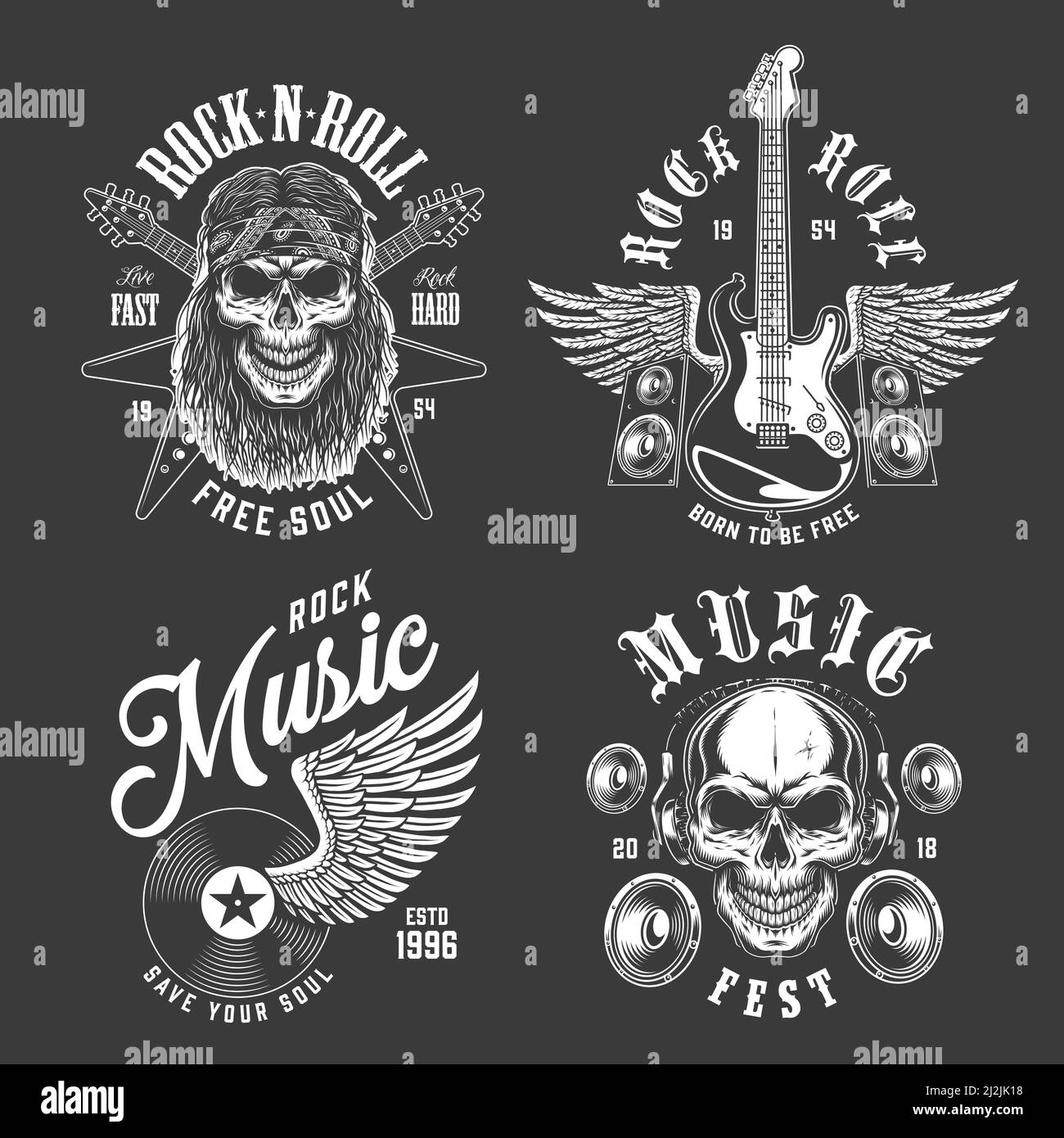 Rock and roll emblems on black background. Vector illustration Stock ...