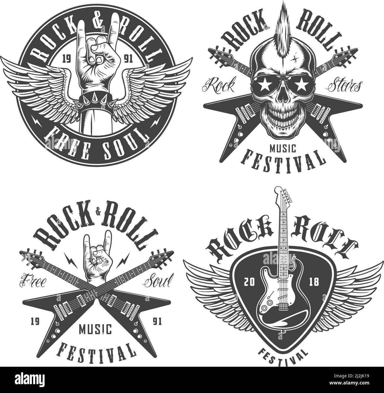 Rock and roll emblems set on white background. Vector illustration ...