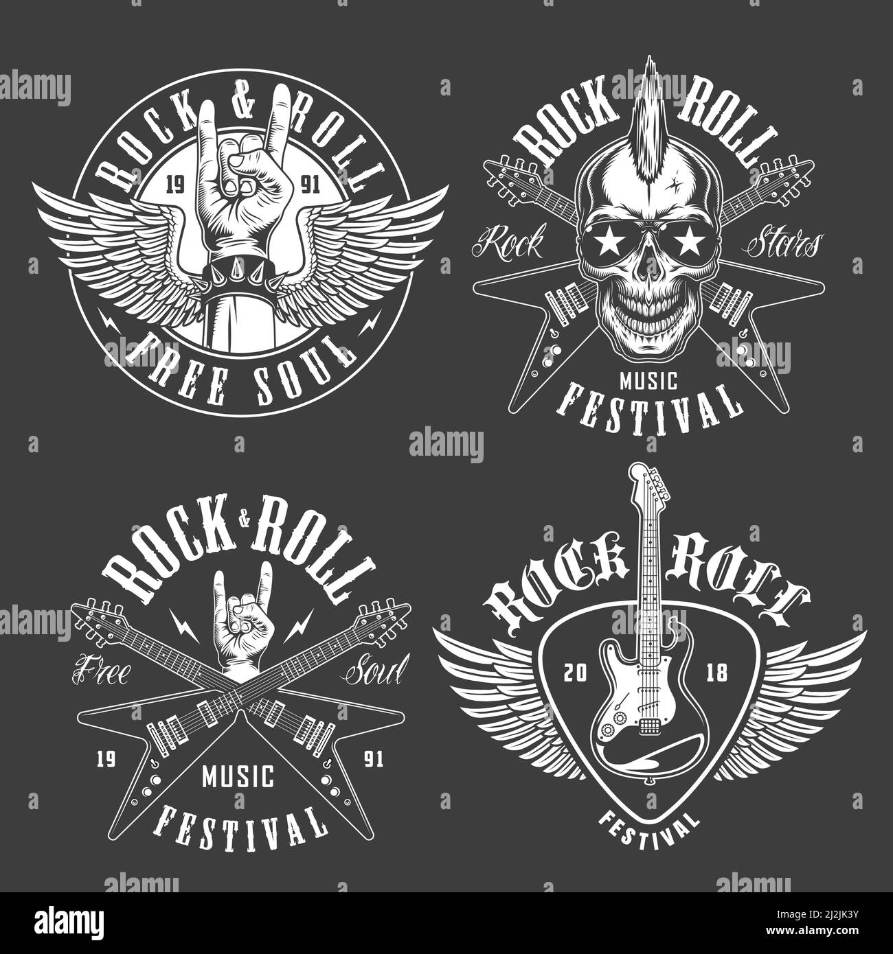 Rock and roll emblems on black background. Vector illustration Stock ...