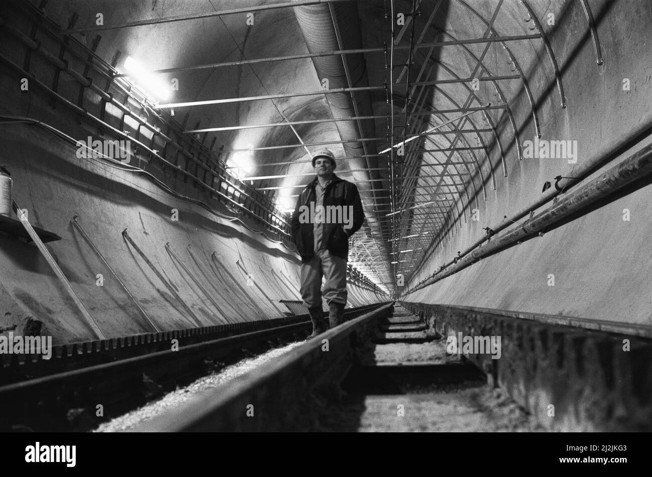 Channel Tunnel Construction 28th November 1987.One of the tunnellers of ...