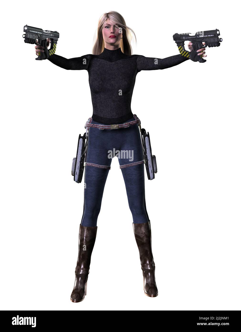 futuristic police woman armed with guns, 3d rendering Stock Photo - Alamy