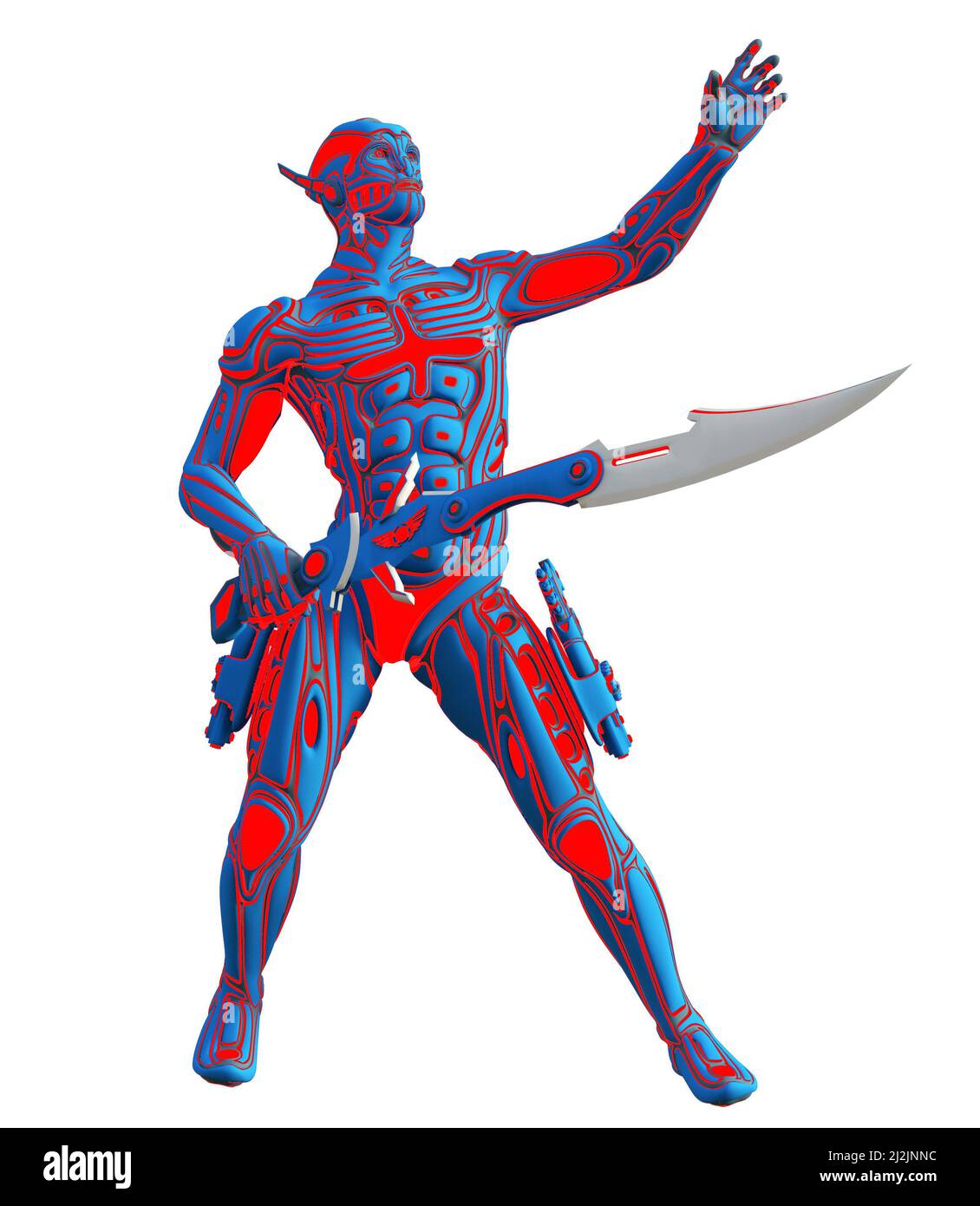 alien robotic warrior with futuristic sword, red lights, 3d ...