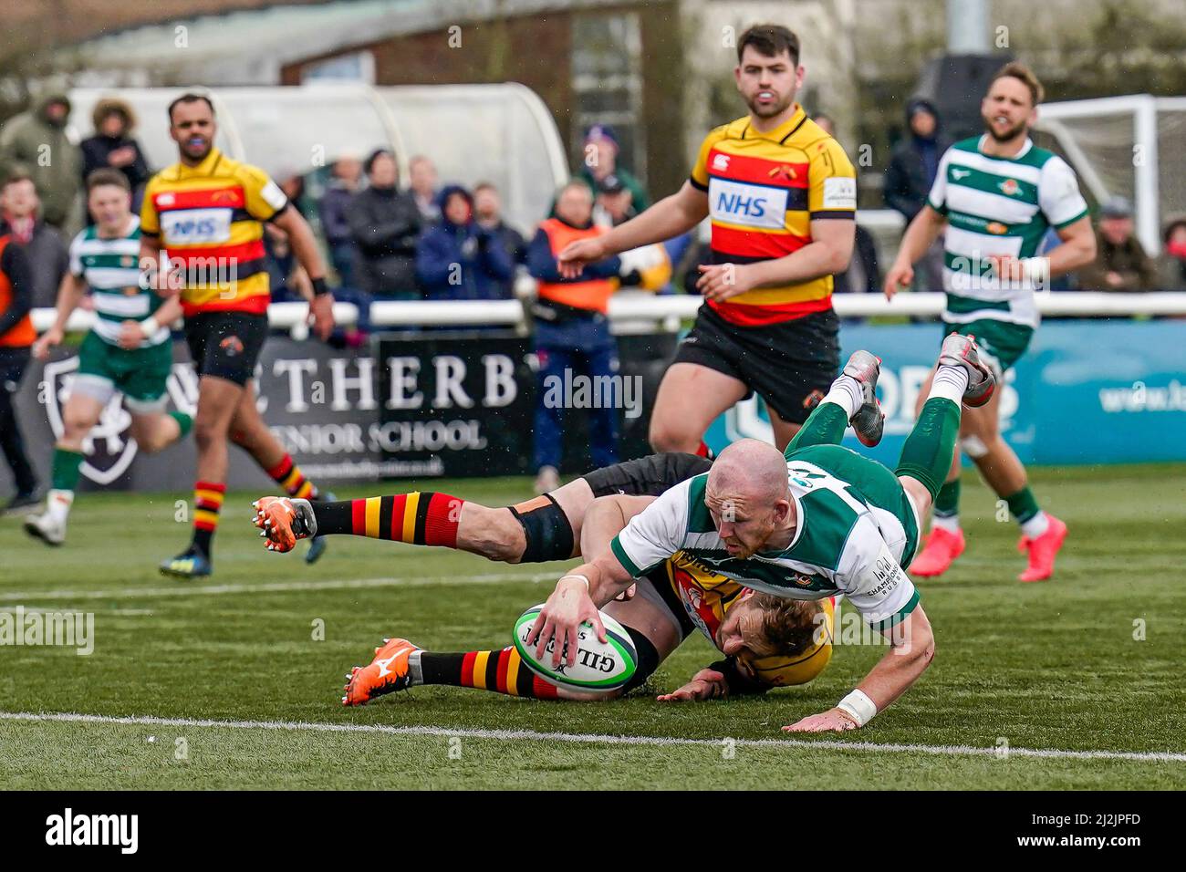 Max BODILLY (13) of Ealing Trailfinders scores his team's fifth try and ...