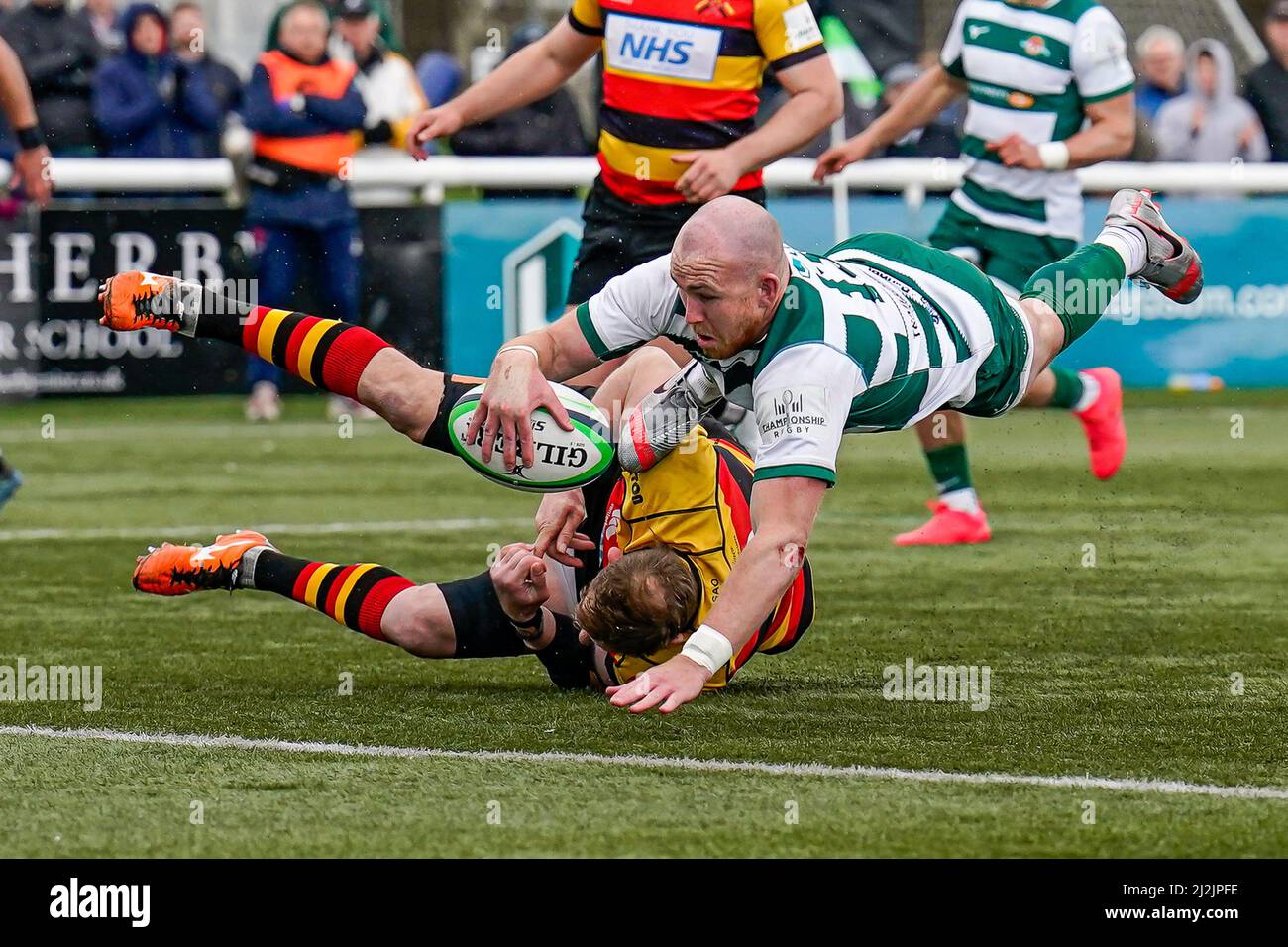Max BODILLY (13) of Ealing Trailfinders scores his team's fifth try ...