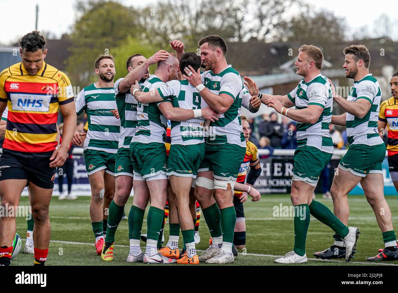 Max BODILLY (13) of Ealing Trailfinders celebrates after he scores his ...