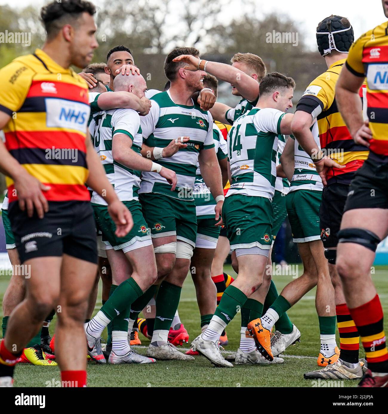 Max BODILLY (13) of Ealing Trailfinders celebrates after he scores his ...
