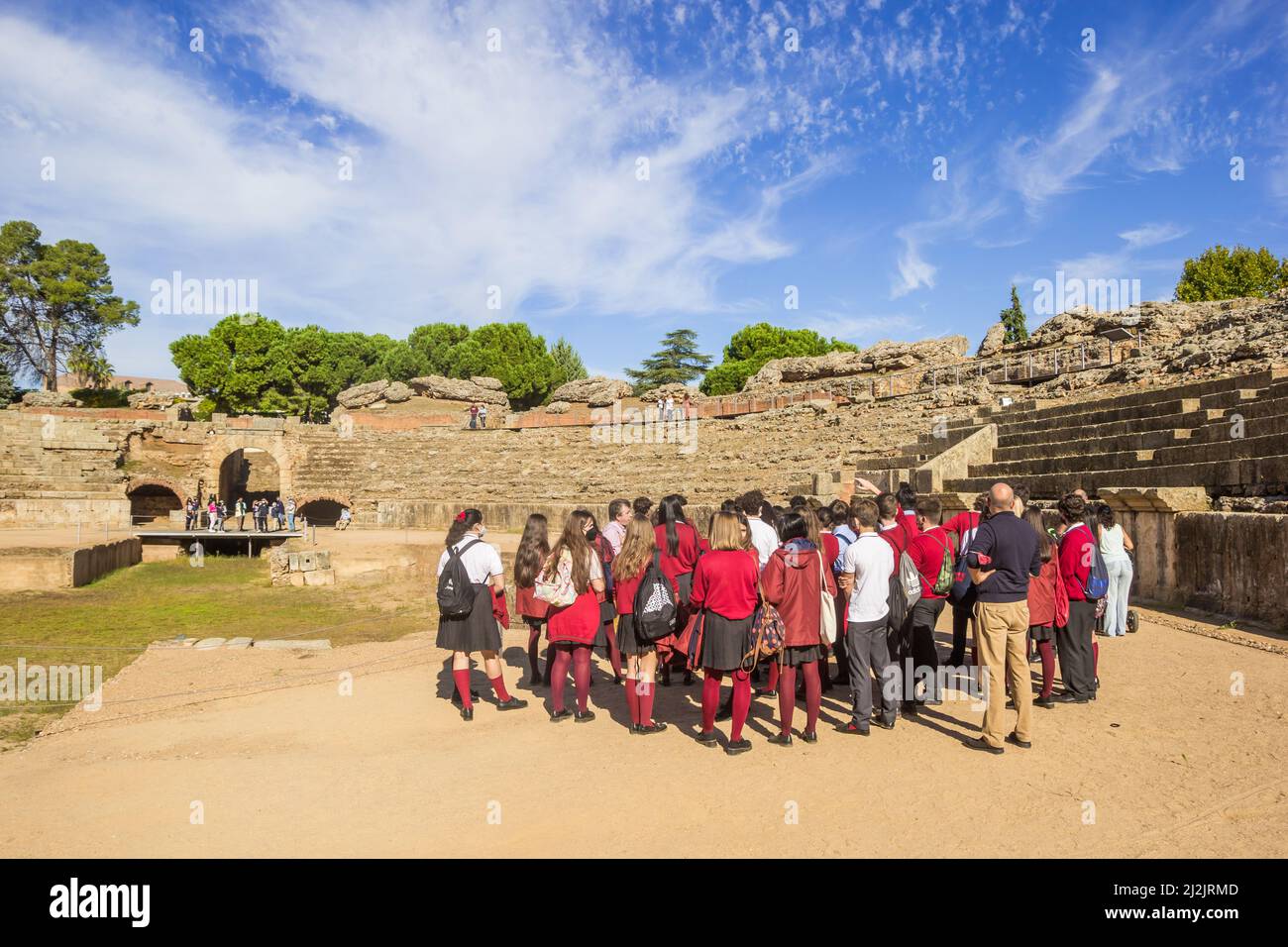 School class getting a tour in the roman theater of Merida, Spain Stock ...
