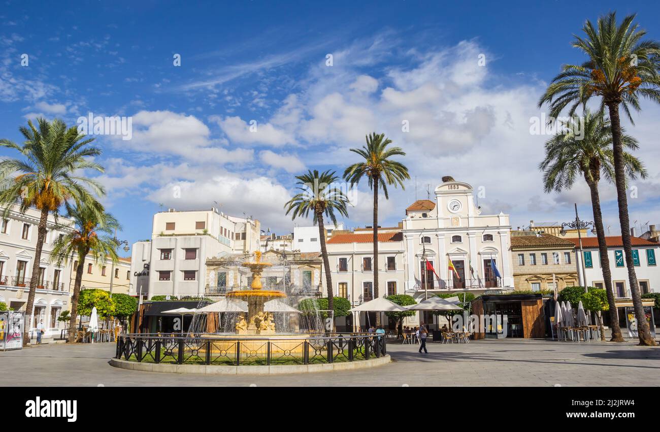 Panorama of the Plaza de Espana square in historic city Merida, Spain ...