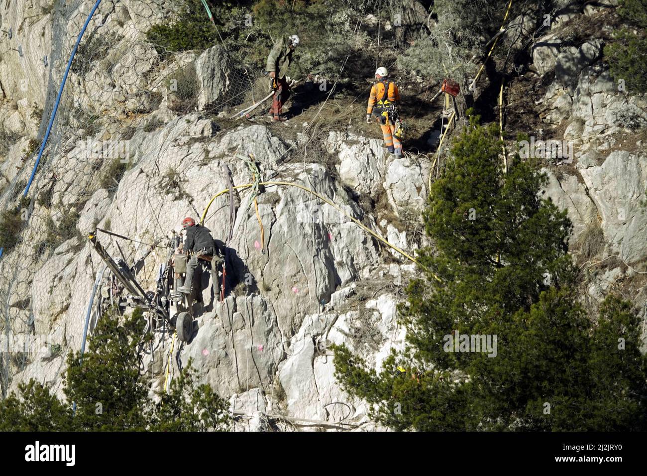 Installation of protective metal nets on the cliffs of Mont Faron in ...