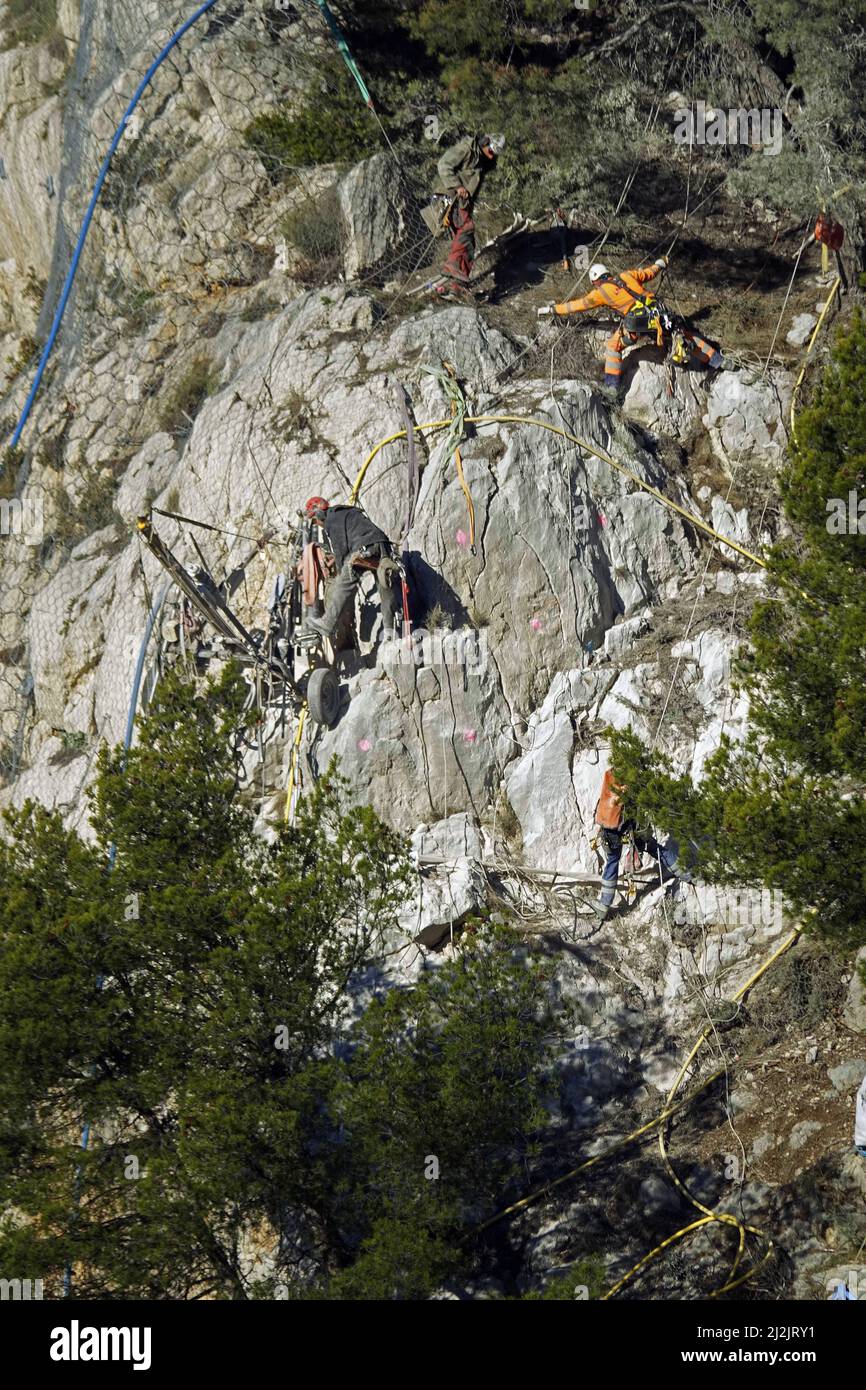 Installation of protective metal nets on the cliffs of Mont Faron in ...