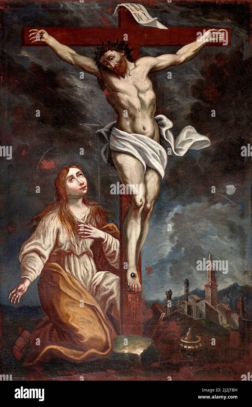Jesus on the cross with Mary Magdalene - oil on canvas - Domenico Venturelli - last quarter of ...