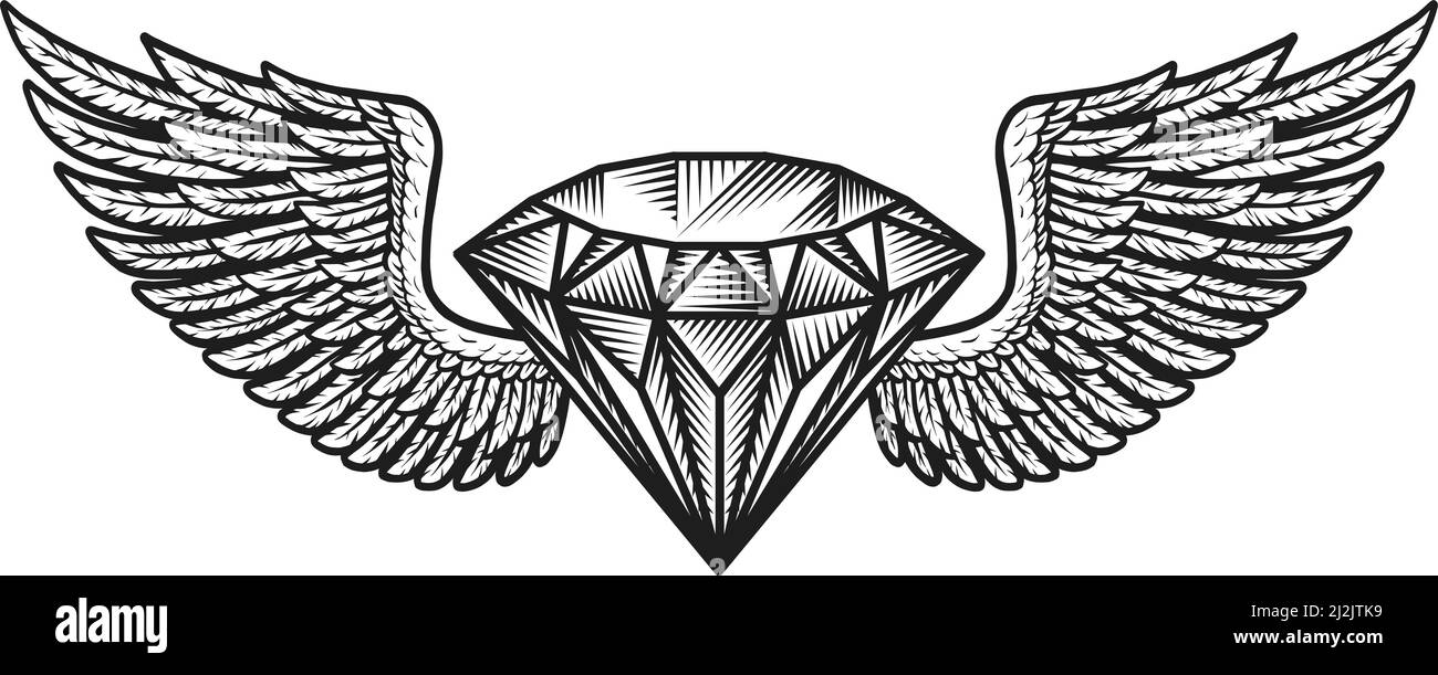 Monochrome winged diamond template in vintage style isolated vector ...