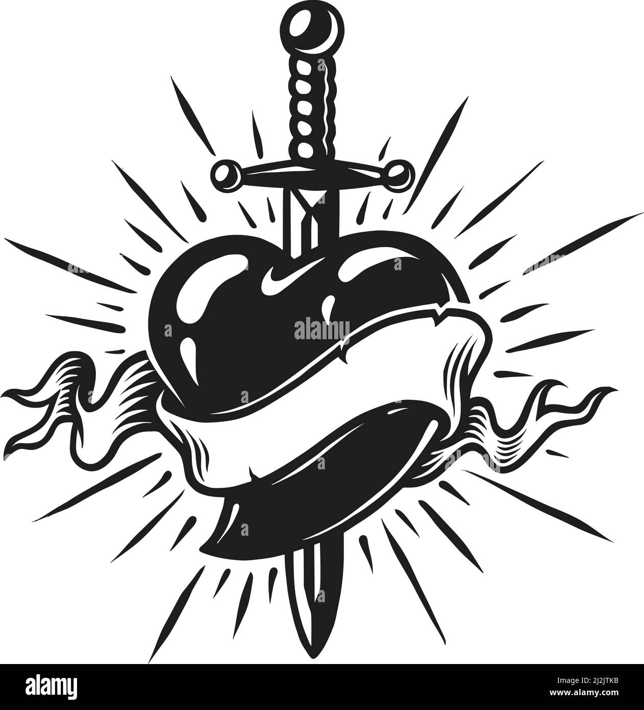 Vintage dagger in heart concept with ribbon and sunburst in monochrome ...