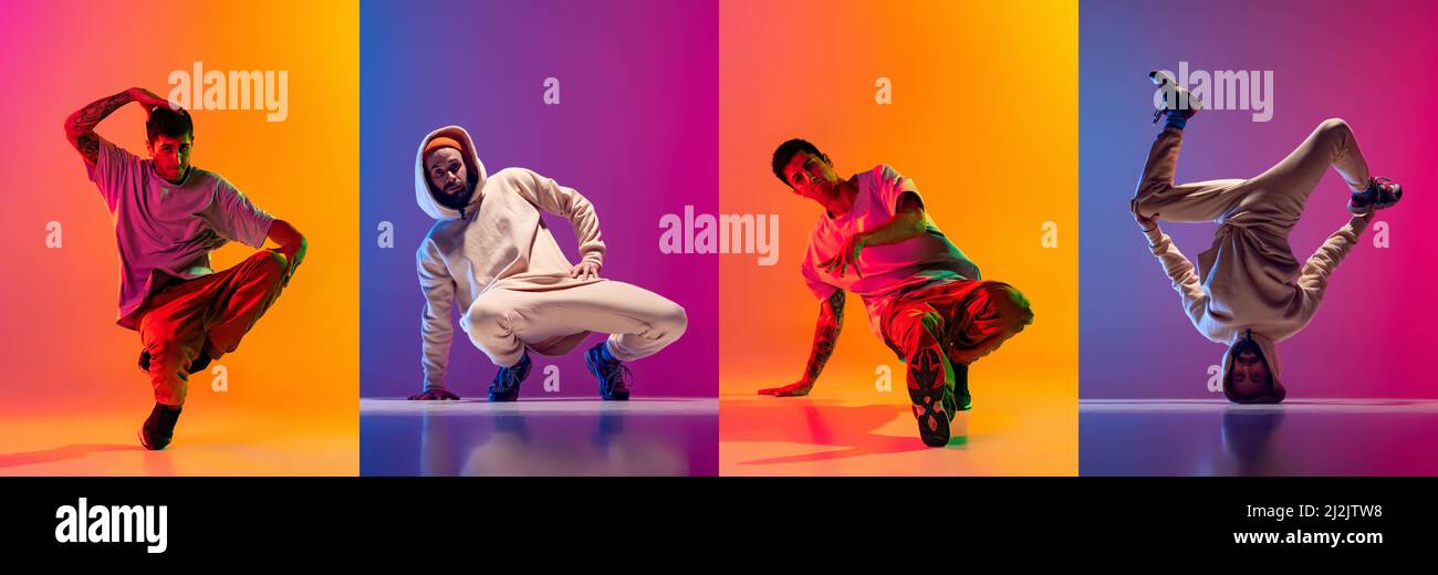 Composite image with men dancing breakdance isolated on gradient orange ...