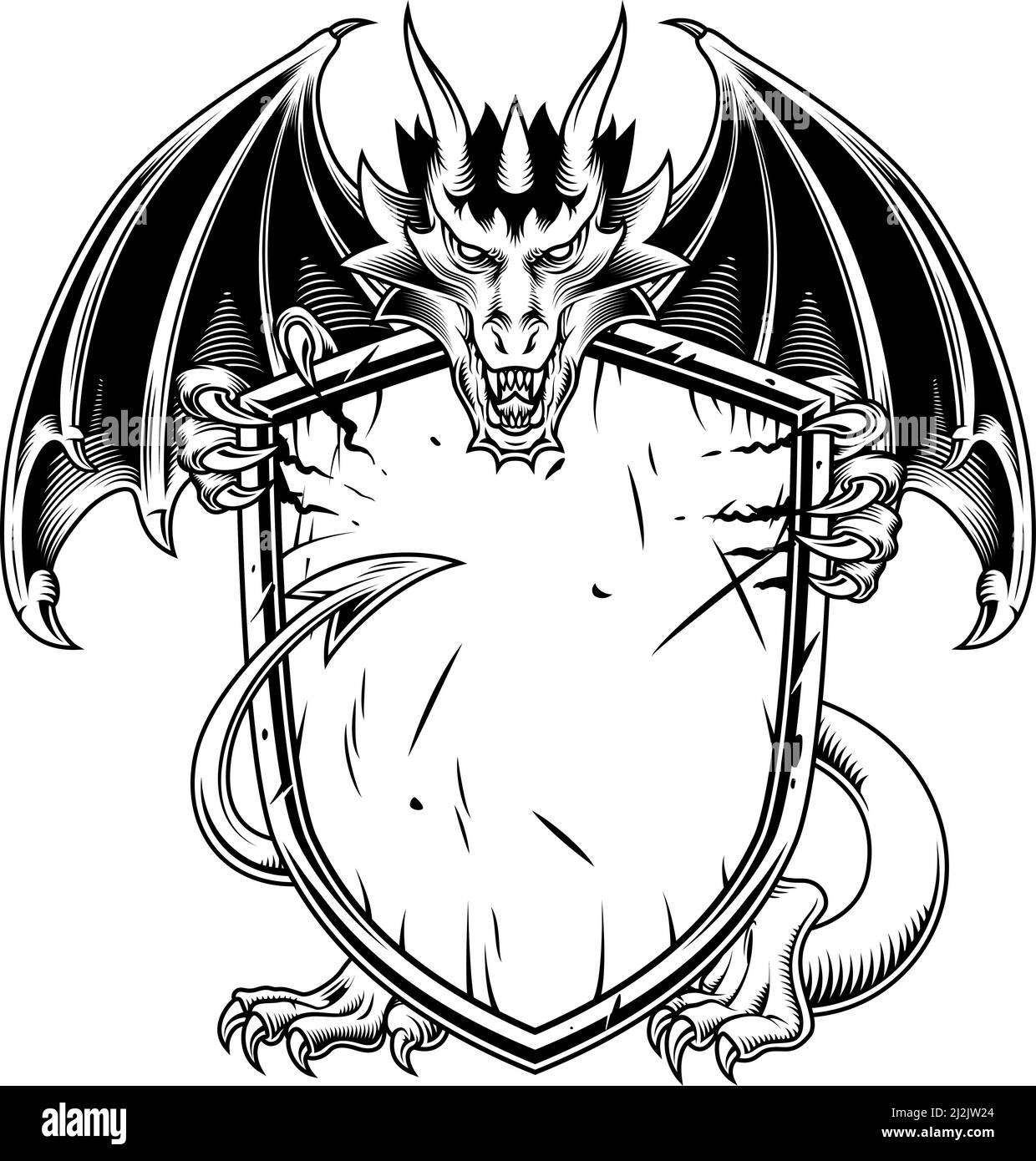 Fantasy dragon with warrior shield. Vector illustration Stock Vector ...