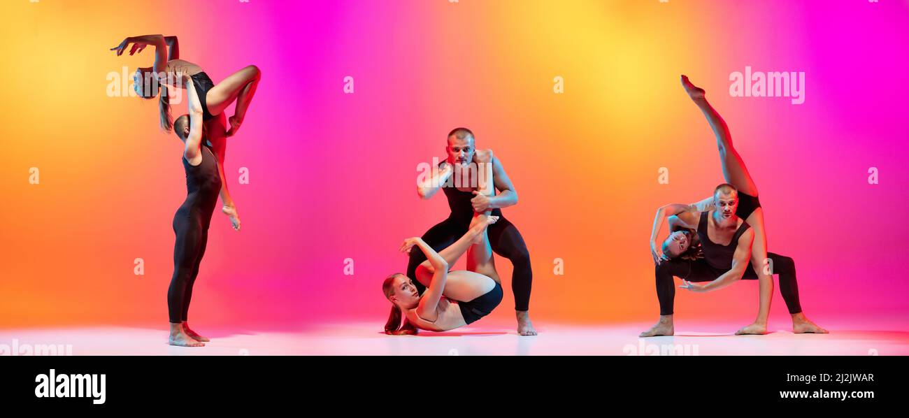 Flexible dancers, male and female models dancing contemp dance on ...
