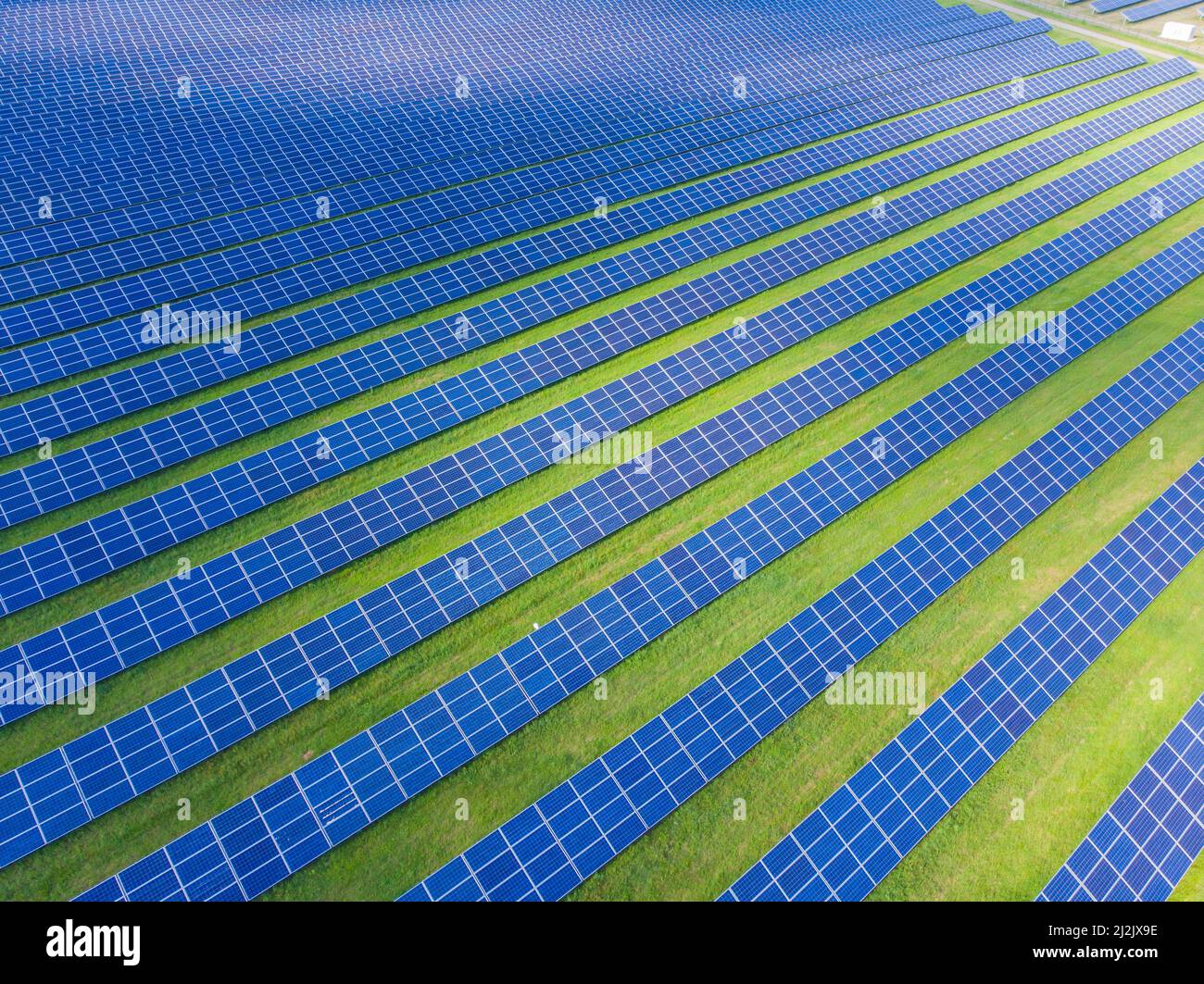 Solar cell energy farm. High angle view of solar panels on an energy ...