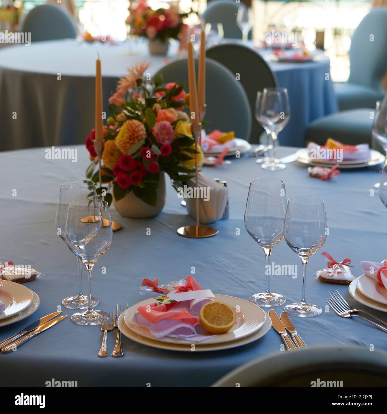 Wedding day event organization table setting decor Stock Photo - Alamy