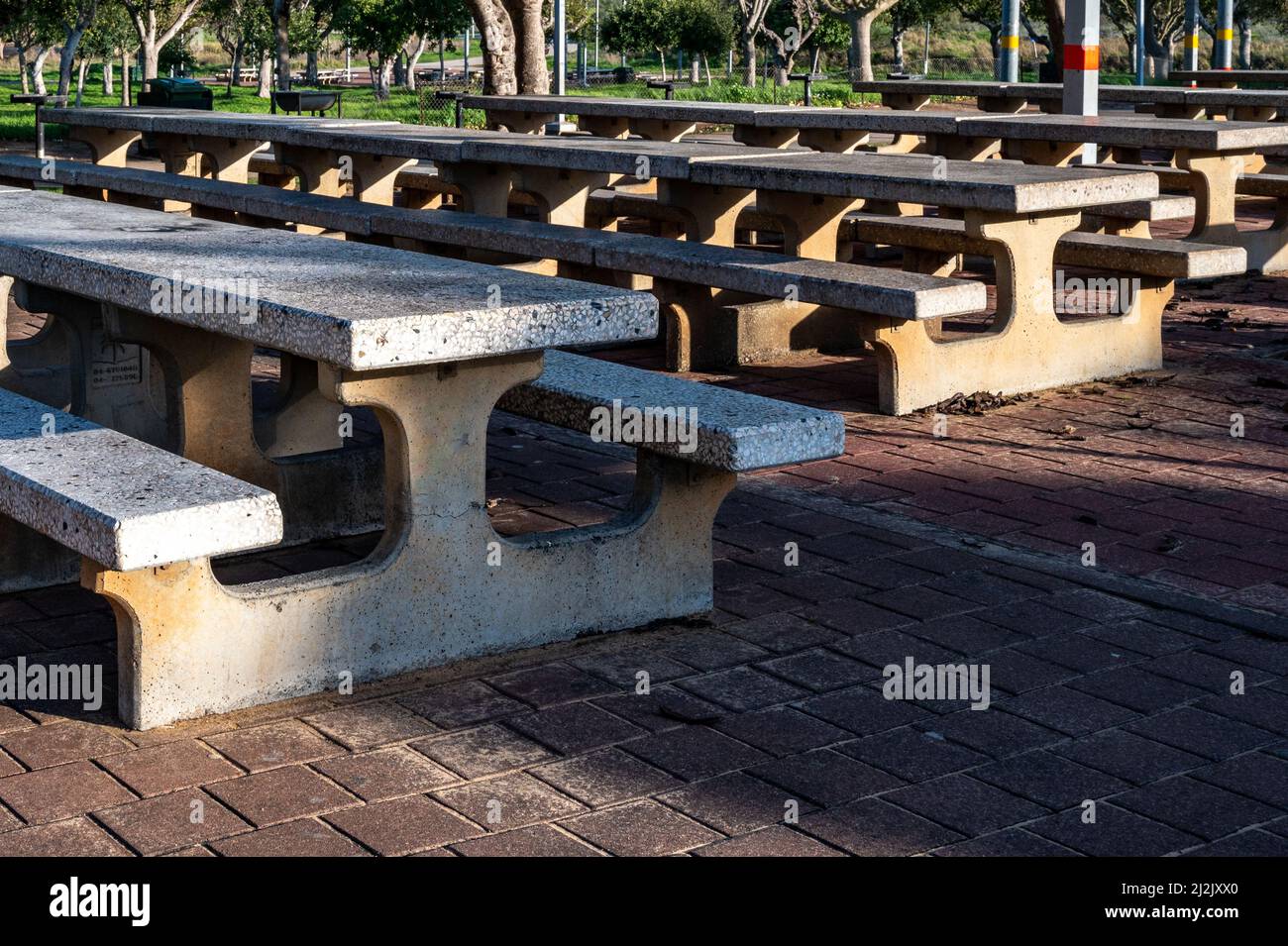 Empty tables with picnic benches in the park Sunny day perspective ...