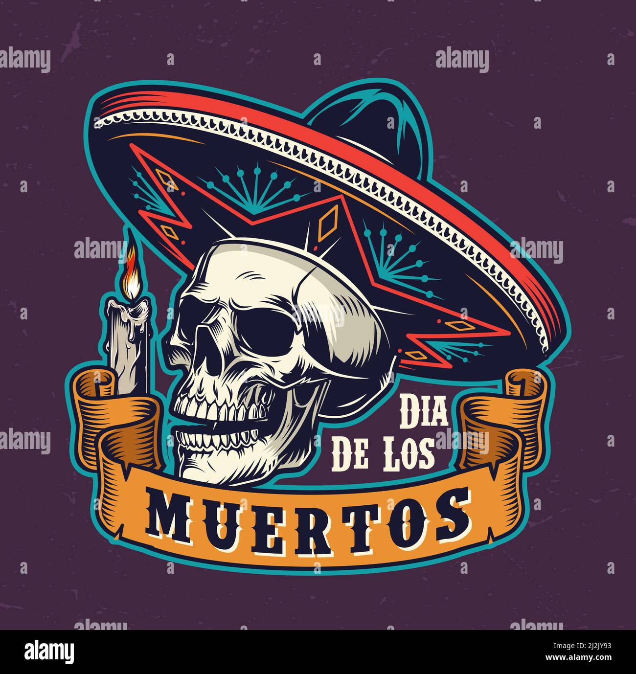Mexican Day of Dead vintage label with skull in sombrero hat burning ...