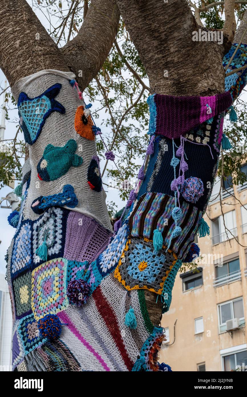 Colorful crochet knit on a tree trunk yarn bombing. Patchwork knitted ...