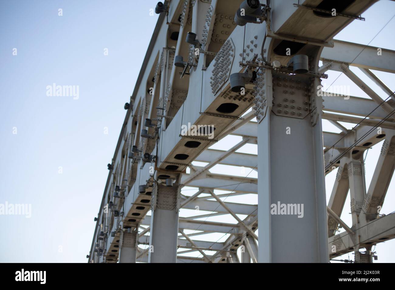 Steel bridge supports. Railway bridge is in detail. Metal construction ...