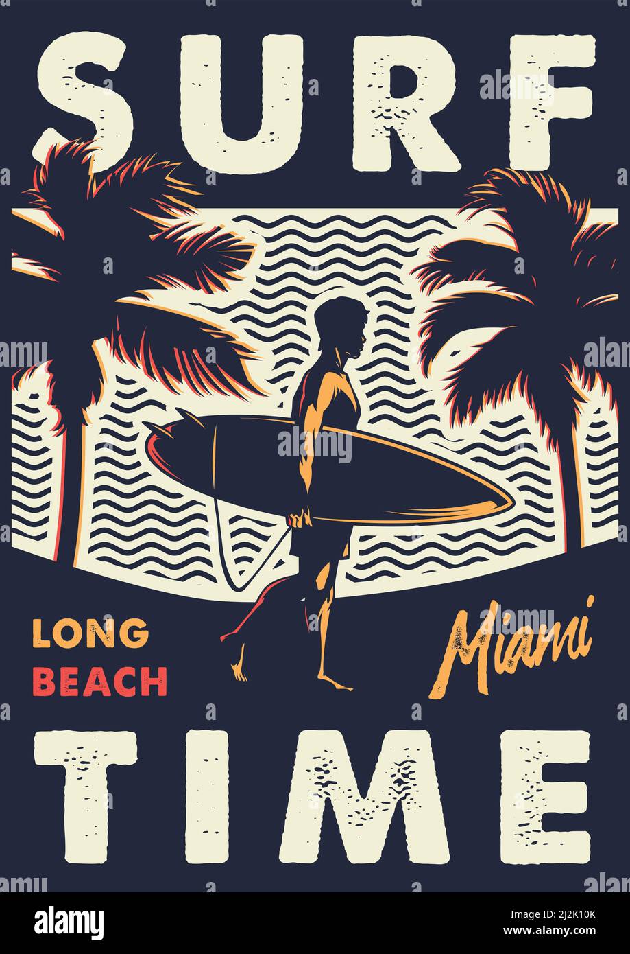 Vintage surf time colorful emblem with surfer holding surfboard palm ...