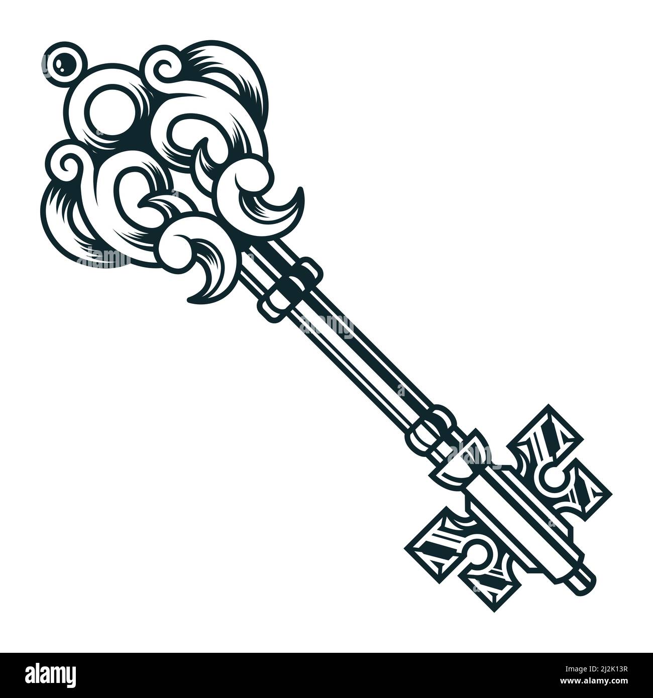 Vintage filigree medieval key concept in monochrome style isolated ...