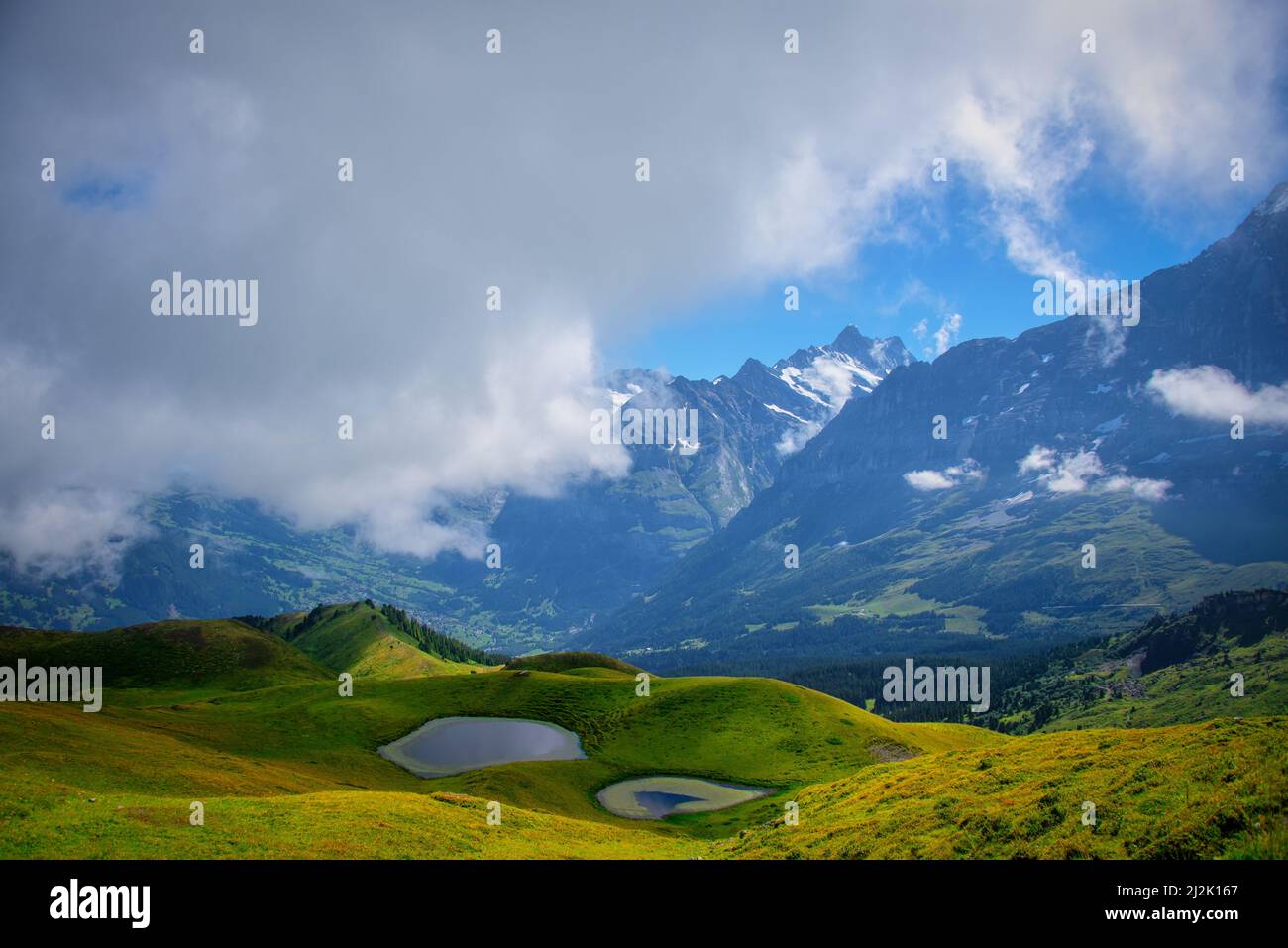 Mountain landscape with two alpine lakes, Maennlichen, Berne ...