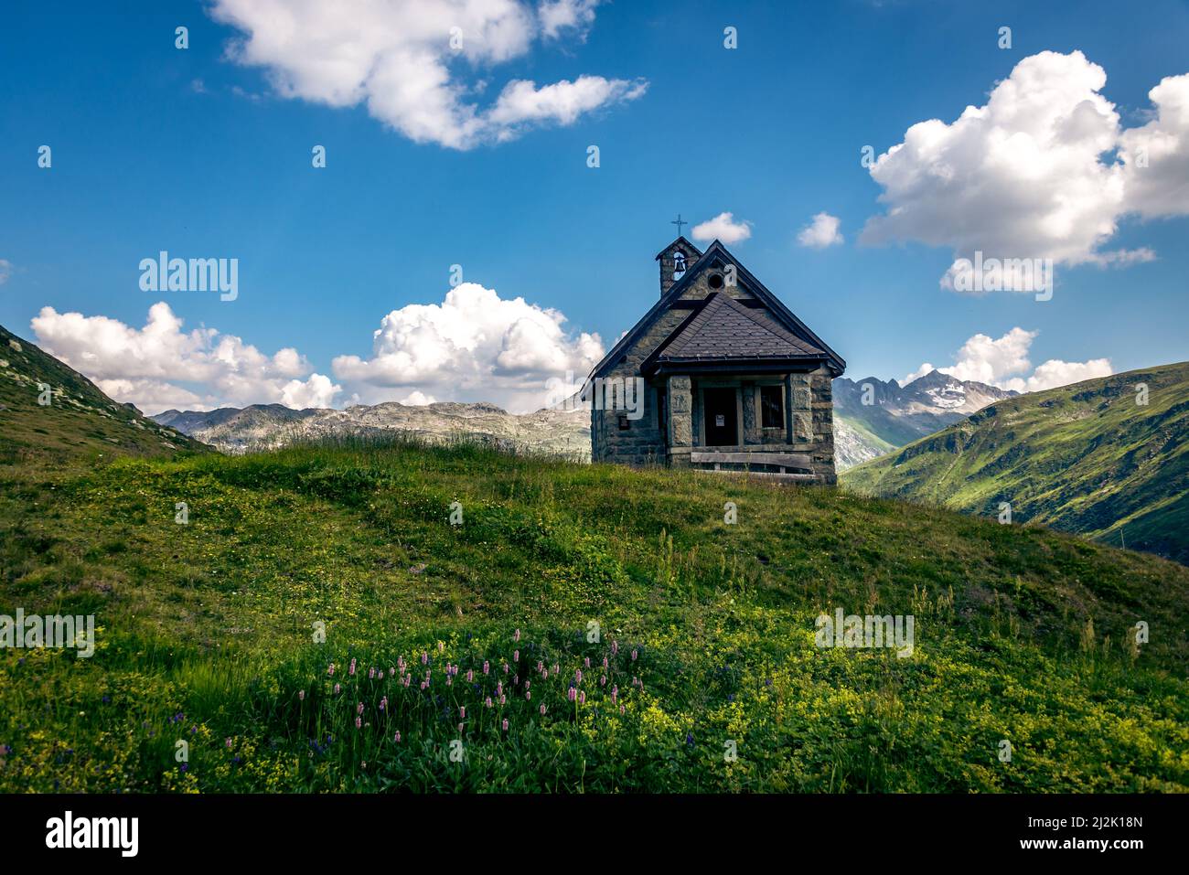 Chapel in alpine landscape, Tiefenbach, near Realp, Switzerland Stock ...