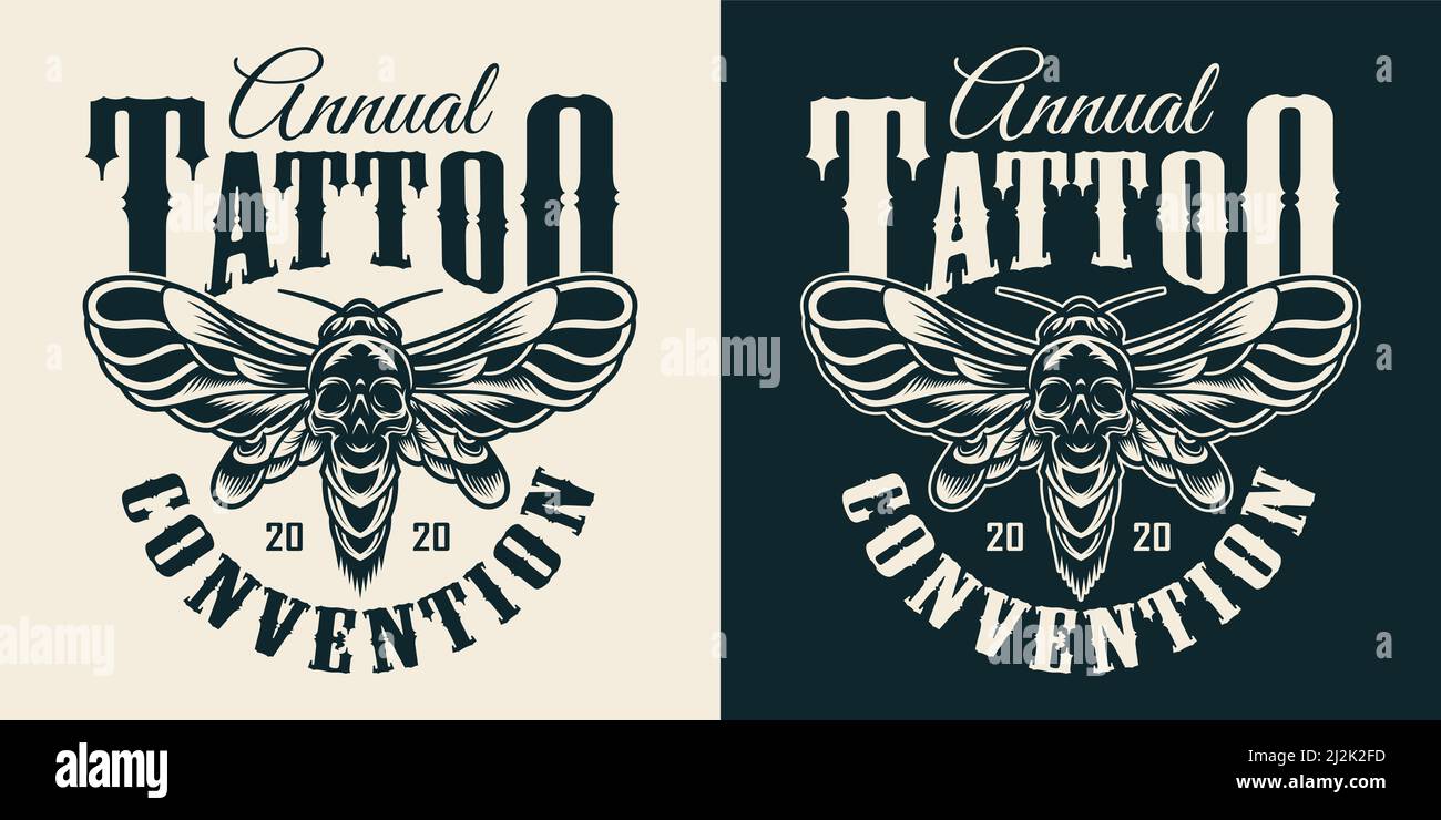 Tattoo salon vintage monochrome print with spooky death head moth with ...
