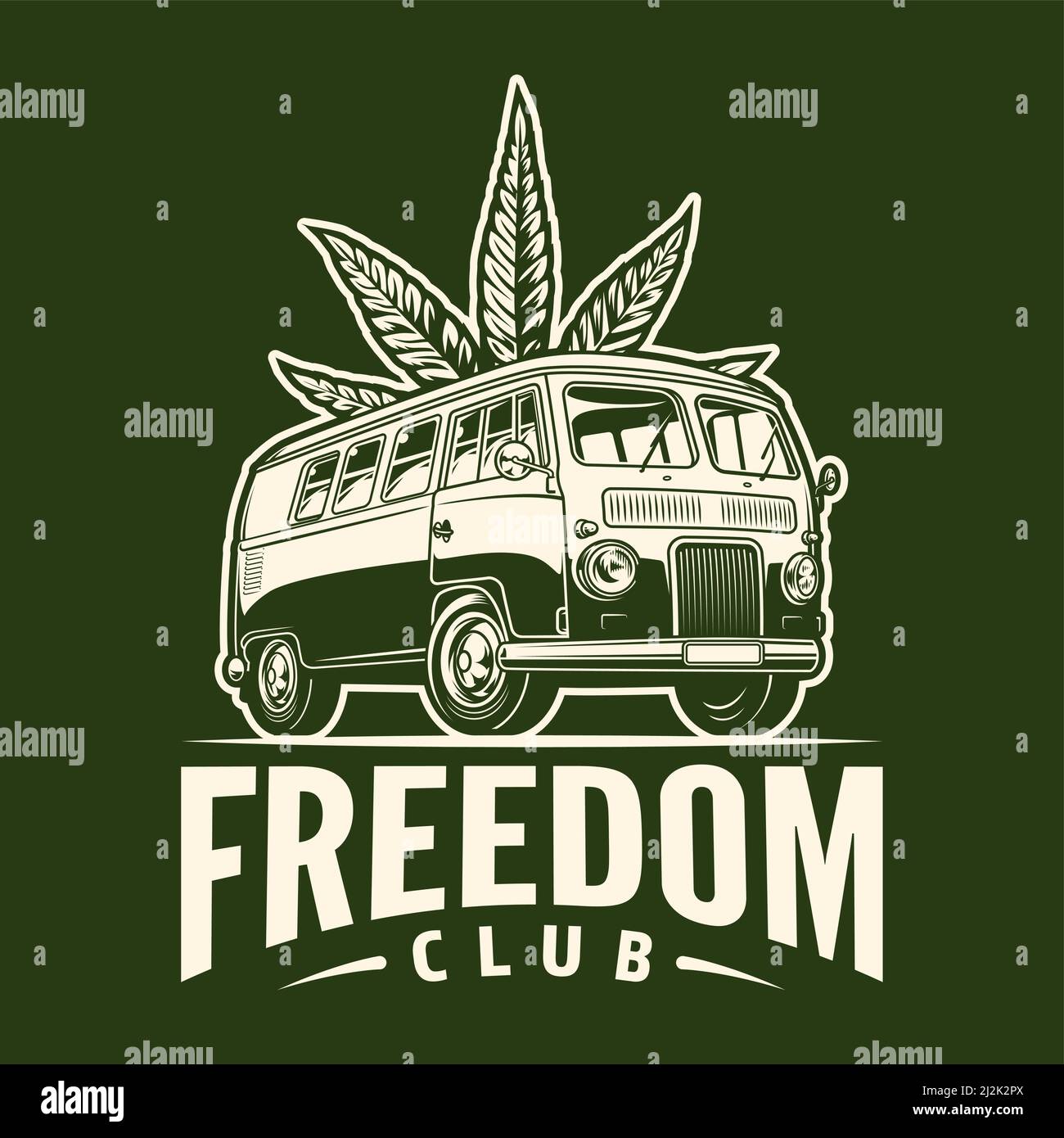 Cannabis monochrome emblem with bus. Vector vintage illustration Stock ...
