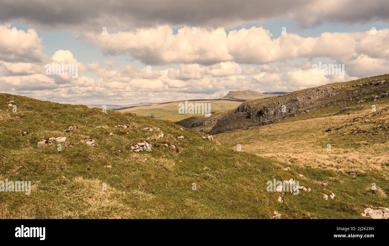 Distant Pen-y-Ghent beneath cumulus clouds on a bright Spring Day in ...