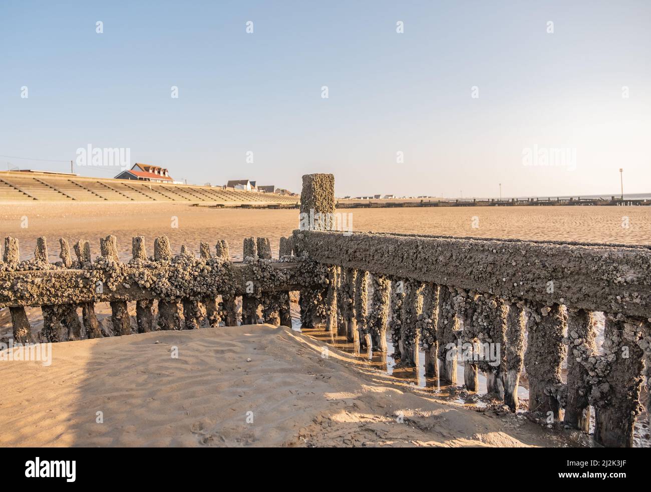 Wooden groynes and sea breakers on Heacham beach, North Norfolk coast ...