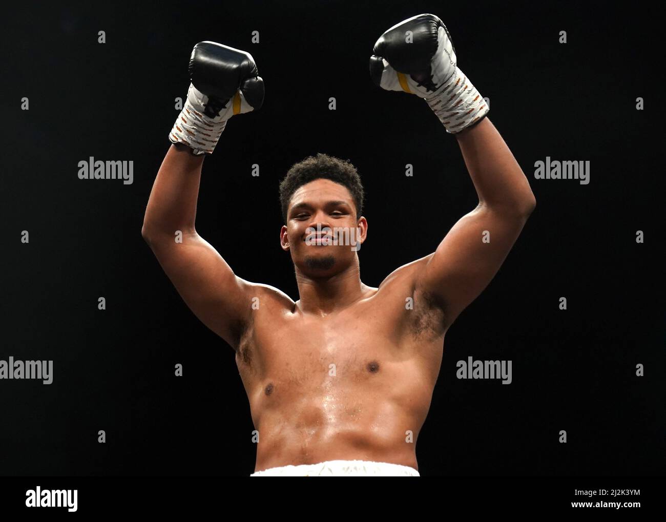 Matty Harris celebrates victory in the heavy weight bout at the Utilita ...