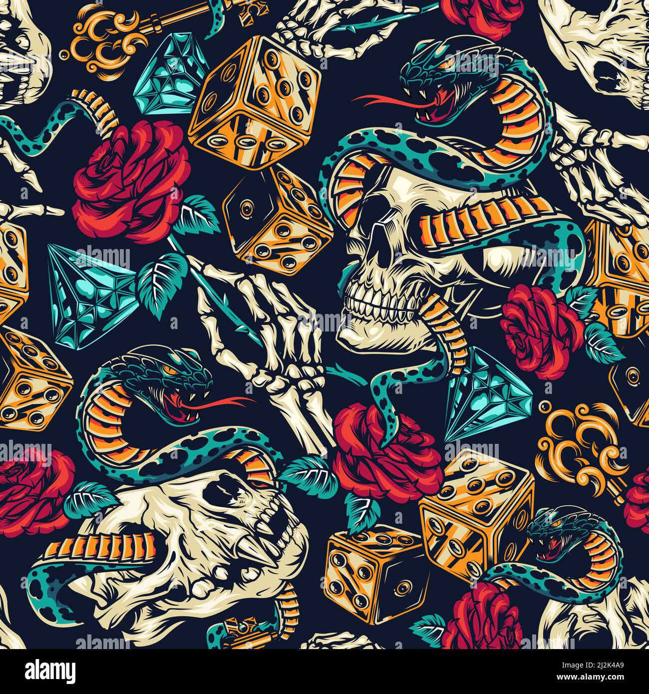 Vintage tattoos colorful seamless pattern with dice skeleton hand ...