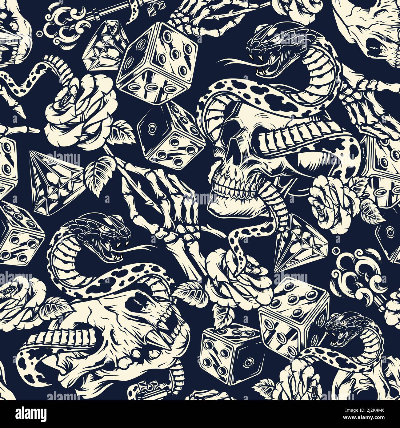 Vintage tattoos seamless pattern with skeleton hand holding rose ...