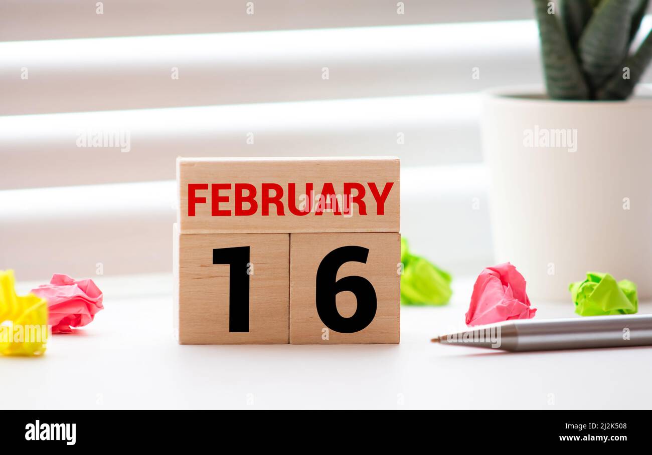 16 February calendar month. 16 days of the month. Reflected calendar on ...