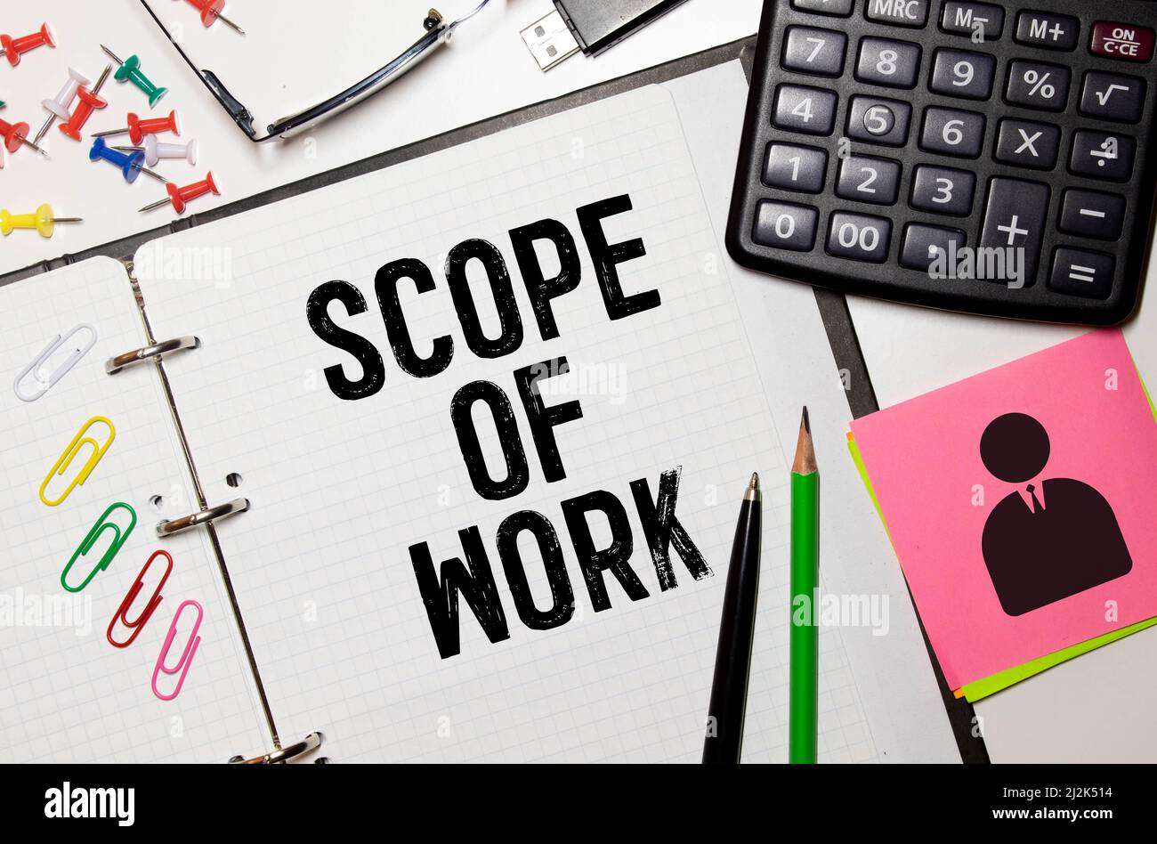 Scope of work. inscription on a white business card against the ...