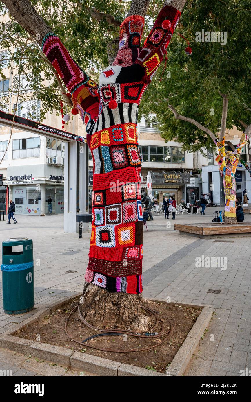 Colorful crochet knit on a tree trunk yarn bombing. Patchwork knitted ...