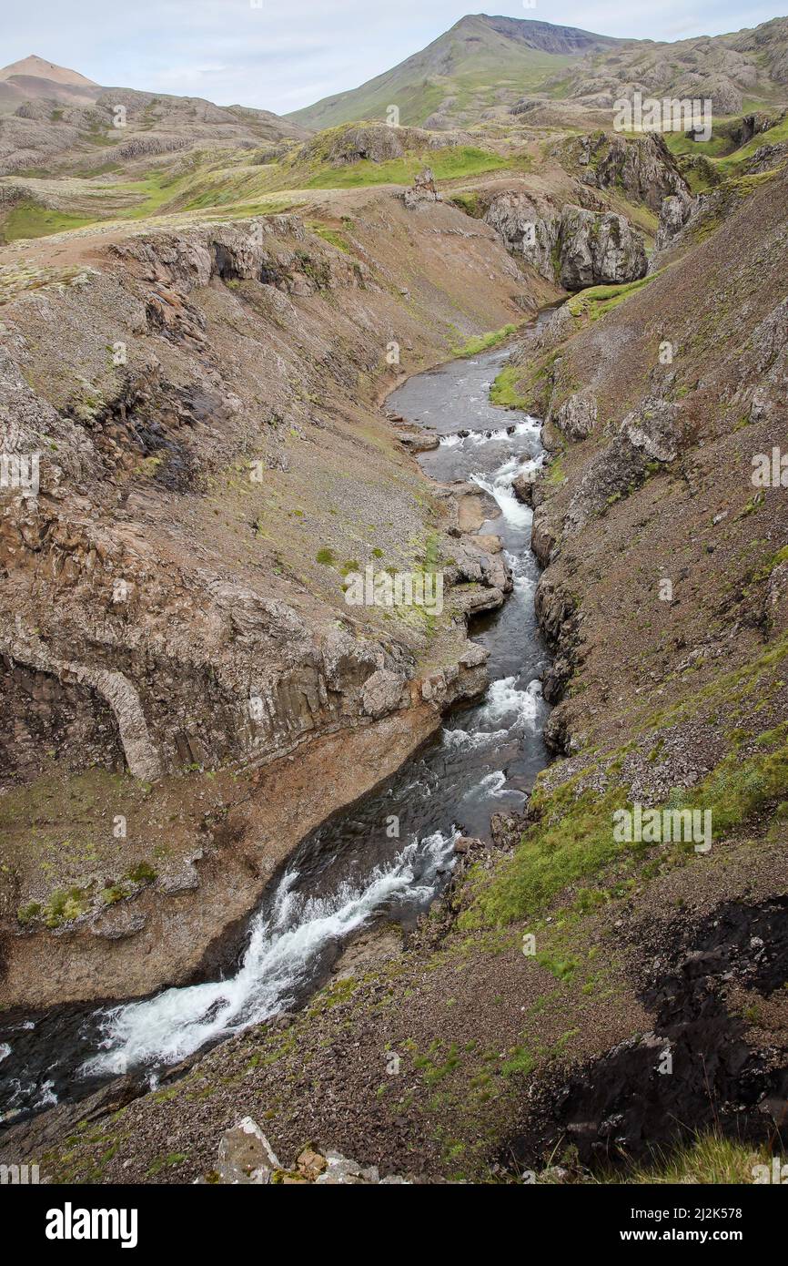 A vertical shot of a river flowing through its banks partly covered ...