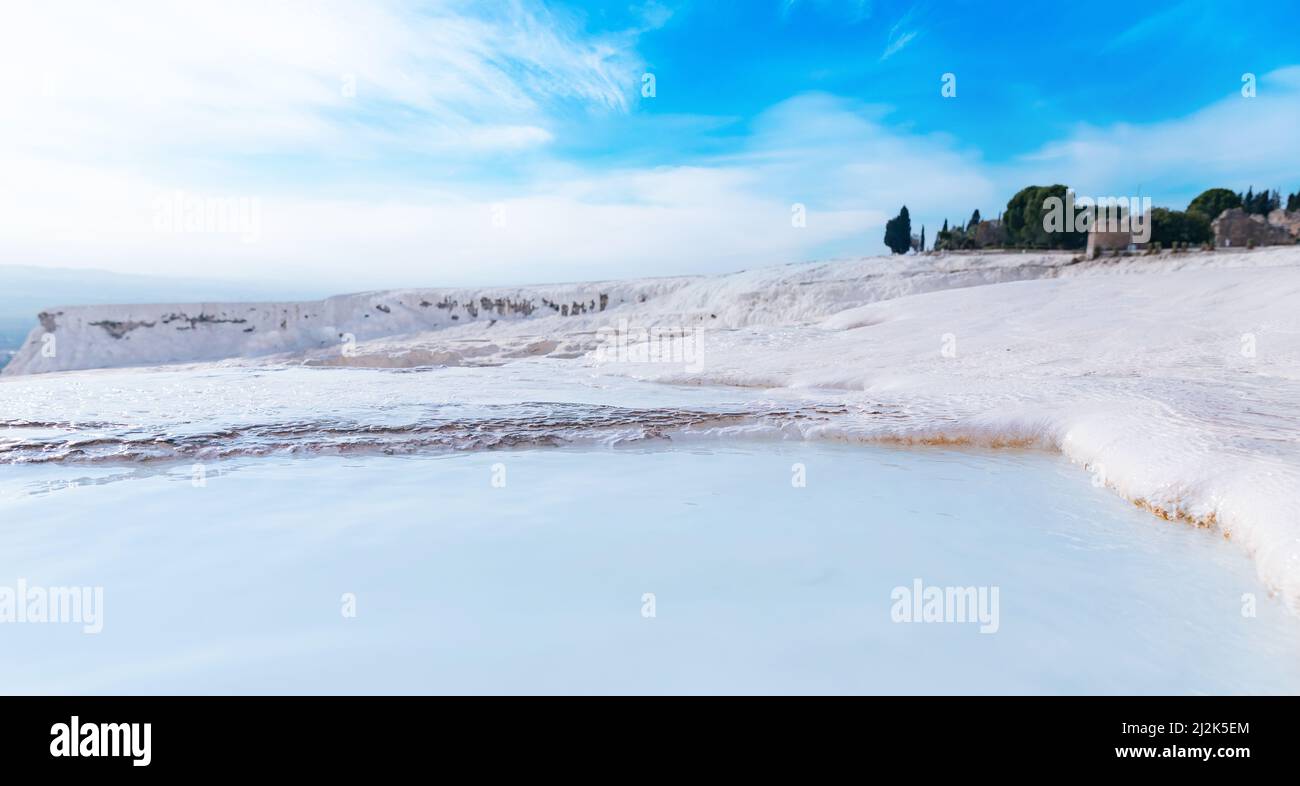 Natural travertine pools pool blue water and terraces in Pamukkale ...