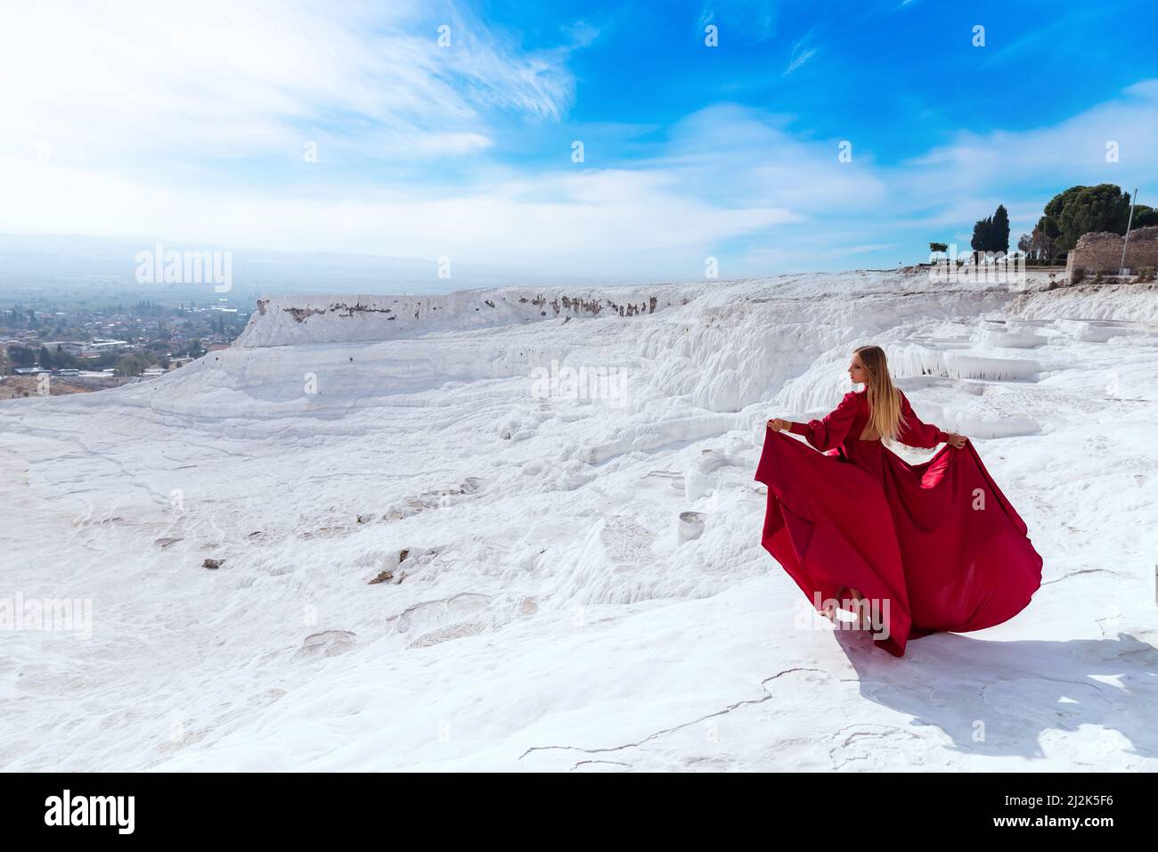 Amazing adventure photo, woman in red dress background natural ...