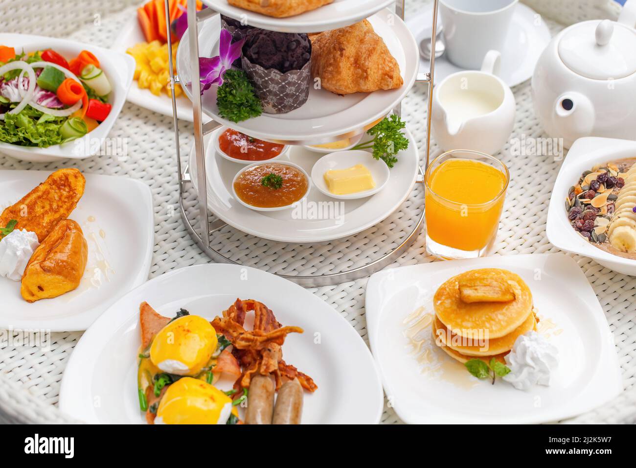 Floating breakfast in luxury hotel resort. Breakfast in swimming pool ...