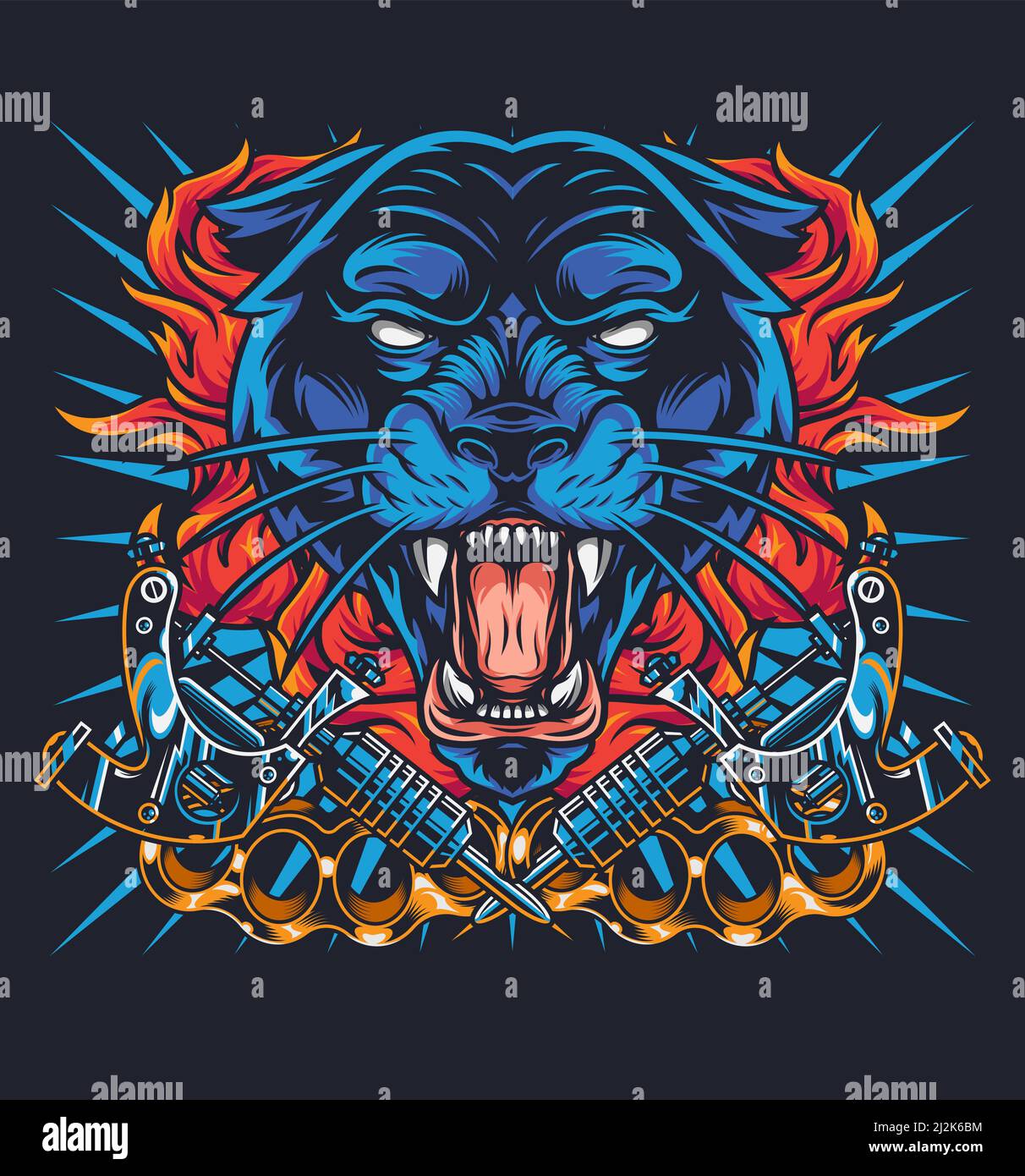 Colorful vintage tattoo concept with angry dangerous black panther head ...