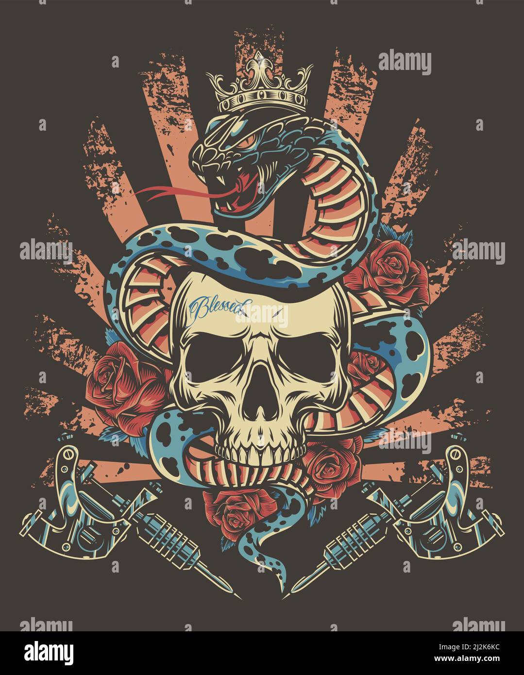 Colorful tattoo vintage template with metal tattoo machines beautiful ...