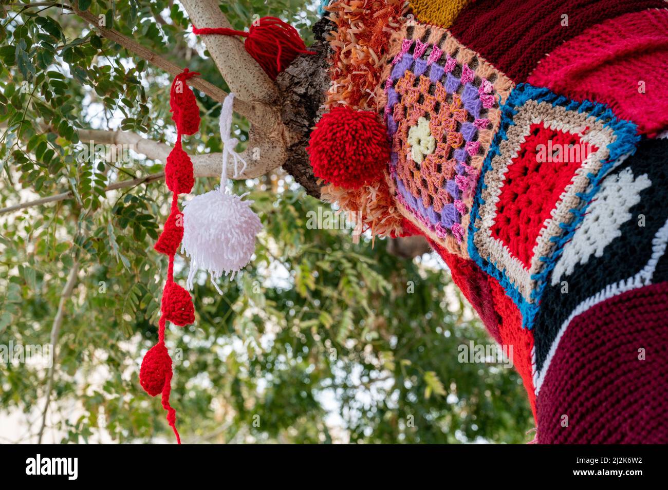 Colorful crochet knit on a tree trunk yarn bombing. Patchwork knitted ...