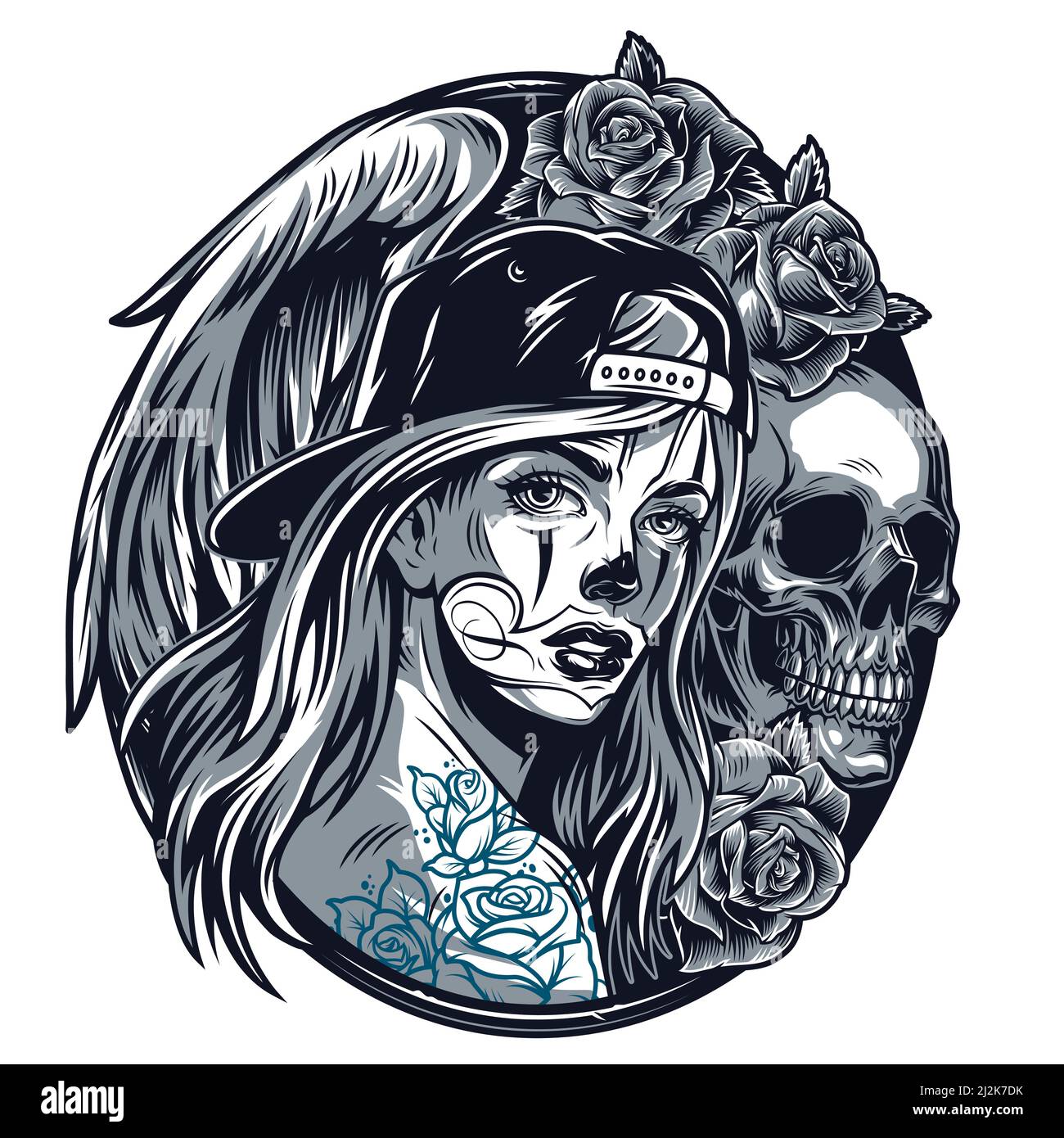 Chicano girl in baseball cap round concept with beautiful roses skull ...