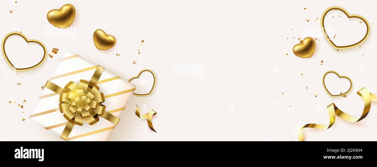 3D golden love heart and present gift box with ribbon flower Stock ...