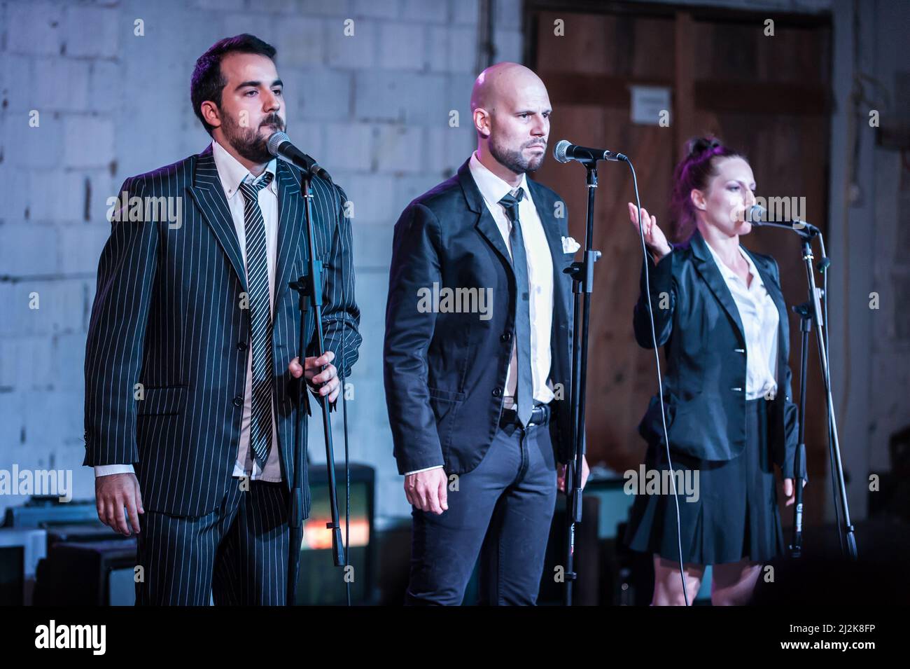 Theater actor artists on stage perform play for audience. Public ...